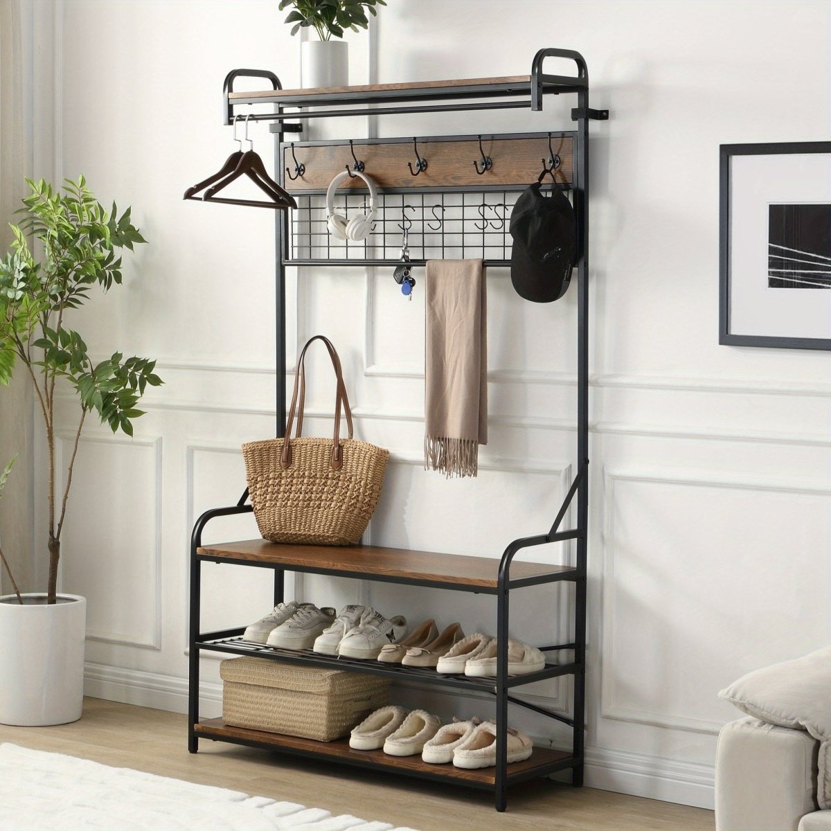 Danoz Furniture - 5-in-1 Entryway Hall Tree and 3 Tier Storage Bench ...